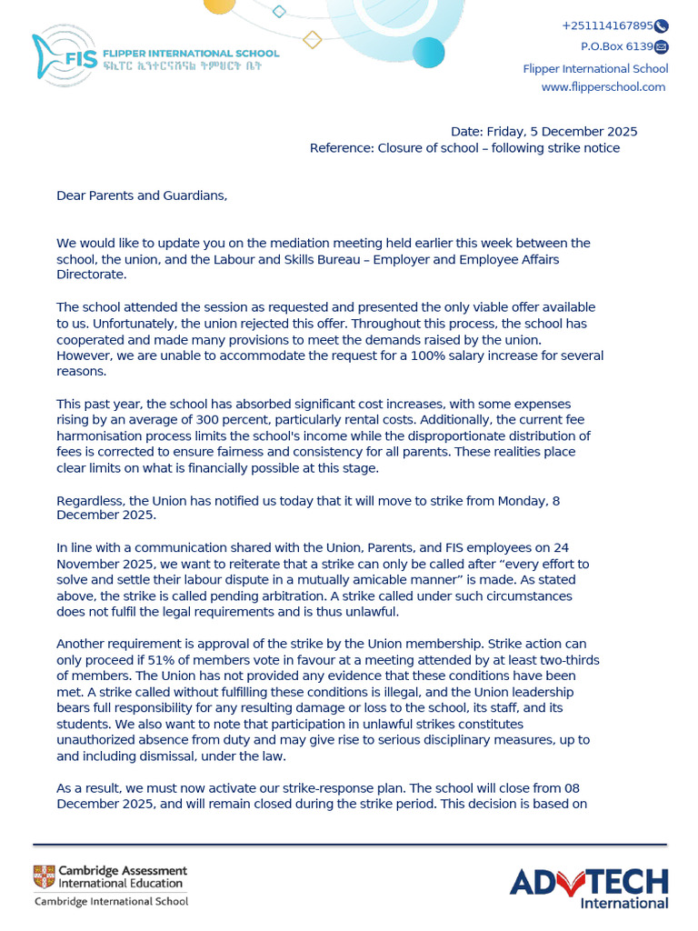 Letter To FIS Parents | PDF | Strike Action | Industrial Relations