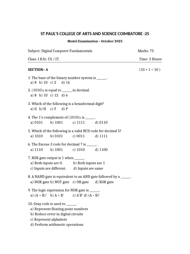 Digital Computer Fundamentals Model Exam Unit1 | PDF | Logic Gate ...