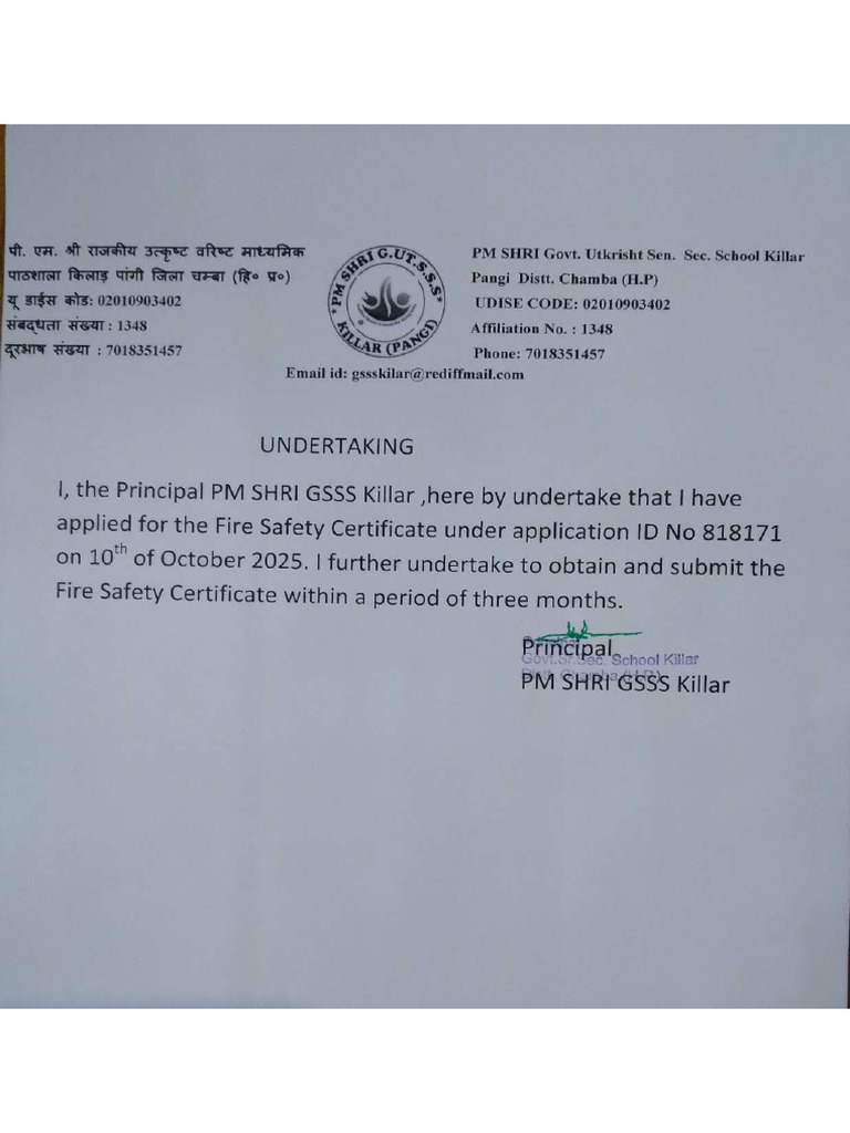 Fire Safety Undertaking Killar | PDF