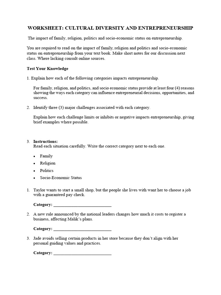 Worksheet Cultural Diversity and Entrepreneurship 1 | PDF ...