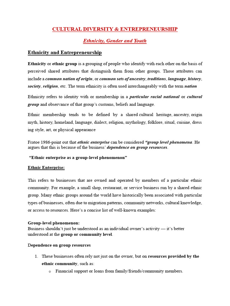 Cultural Diversity and Entrepreneurship 1 | PDF | Entrepreneurship ...