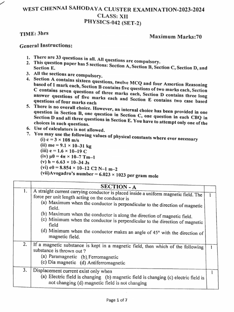 West Sahodaya Cluster 1 - Set 2 Physics | PDF