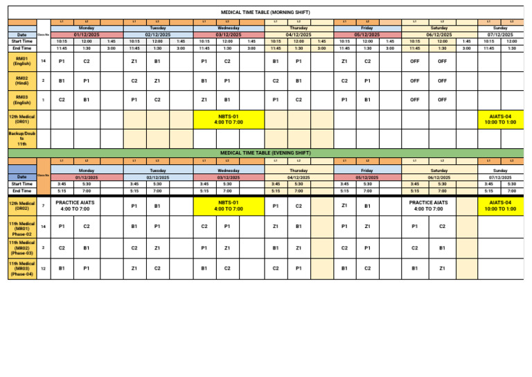 Medical Time Table - 01 Dec To 07 Dec | PDF
