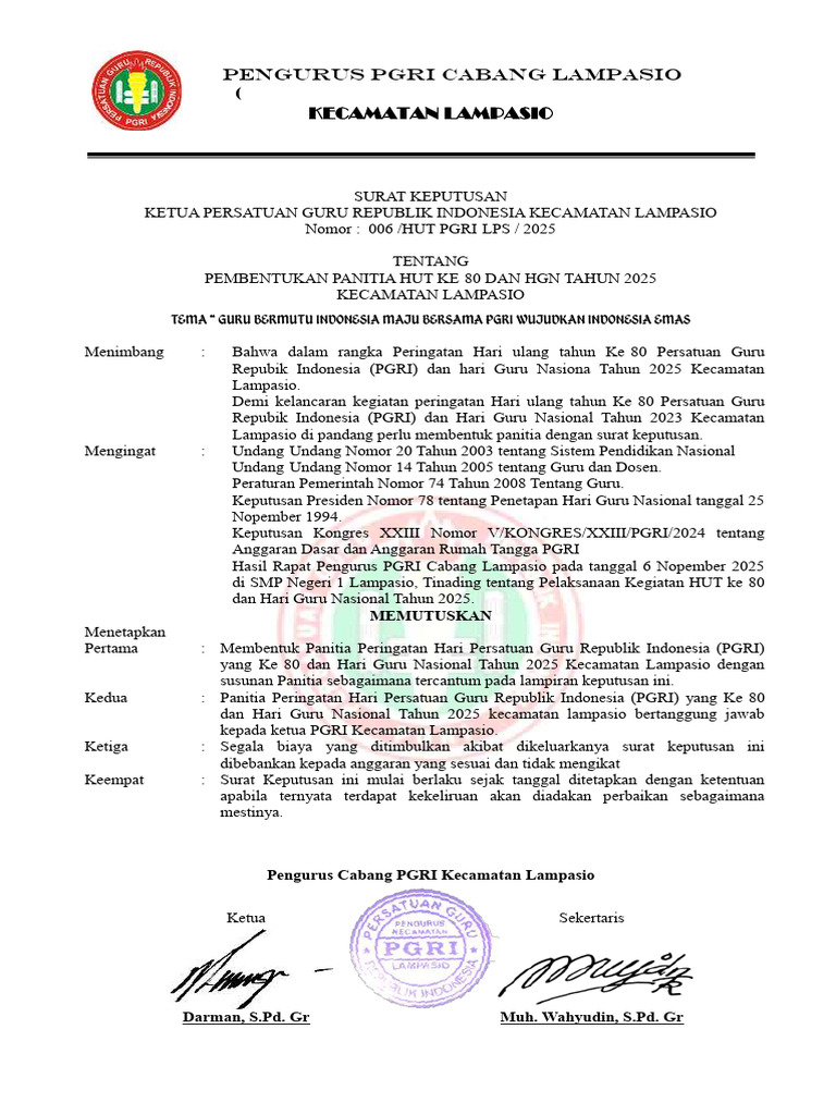SK PANITIA HUT PGRI Ke 80 Dan HGN 2025 | PDF