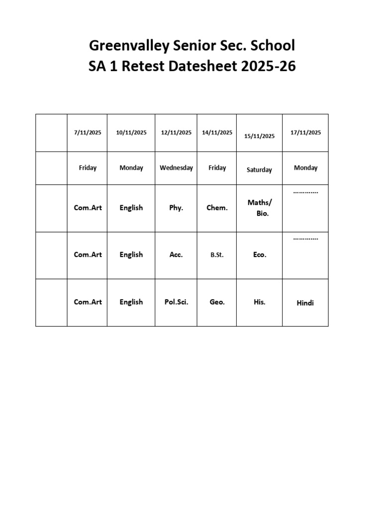 SA1 Retest Datesheet | PDF