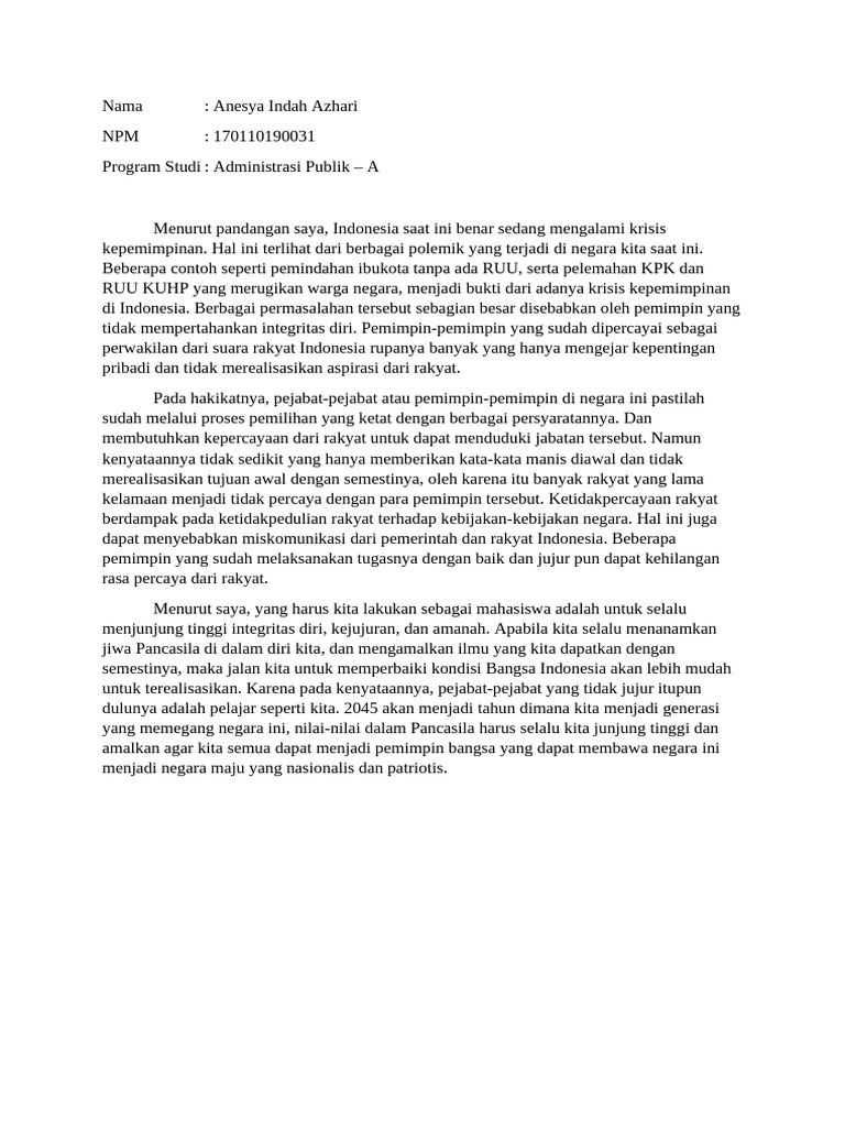 Anesya Tugas Ddia Opini Krisis Kepemimpinan | PDF