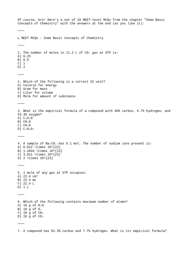 10 NEET MCQs on Basic Chemistry Concepts | PDF
