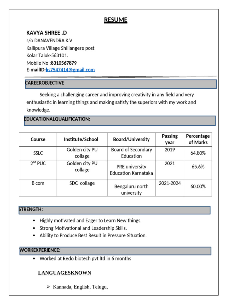 Kavya Resume | PDF
