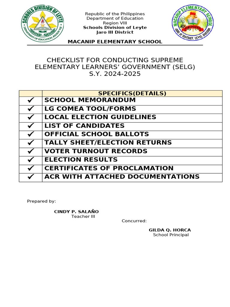 SELG Checklist for Macanip Elementary 2024 | PDF