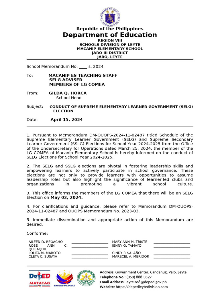 SELG Election Memo for Macanip ES 2024 | PDF