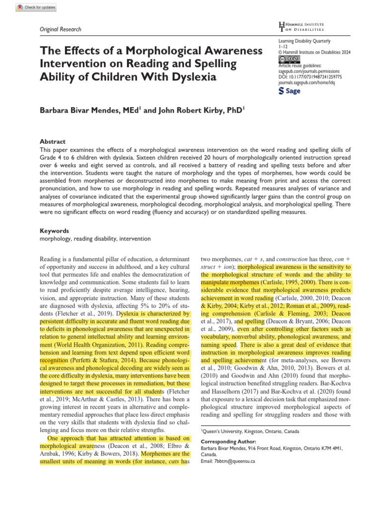 Morphological Awareness in Dyslexia Intervention | PDF | Word | Dyslexia