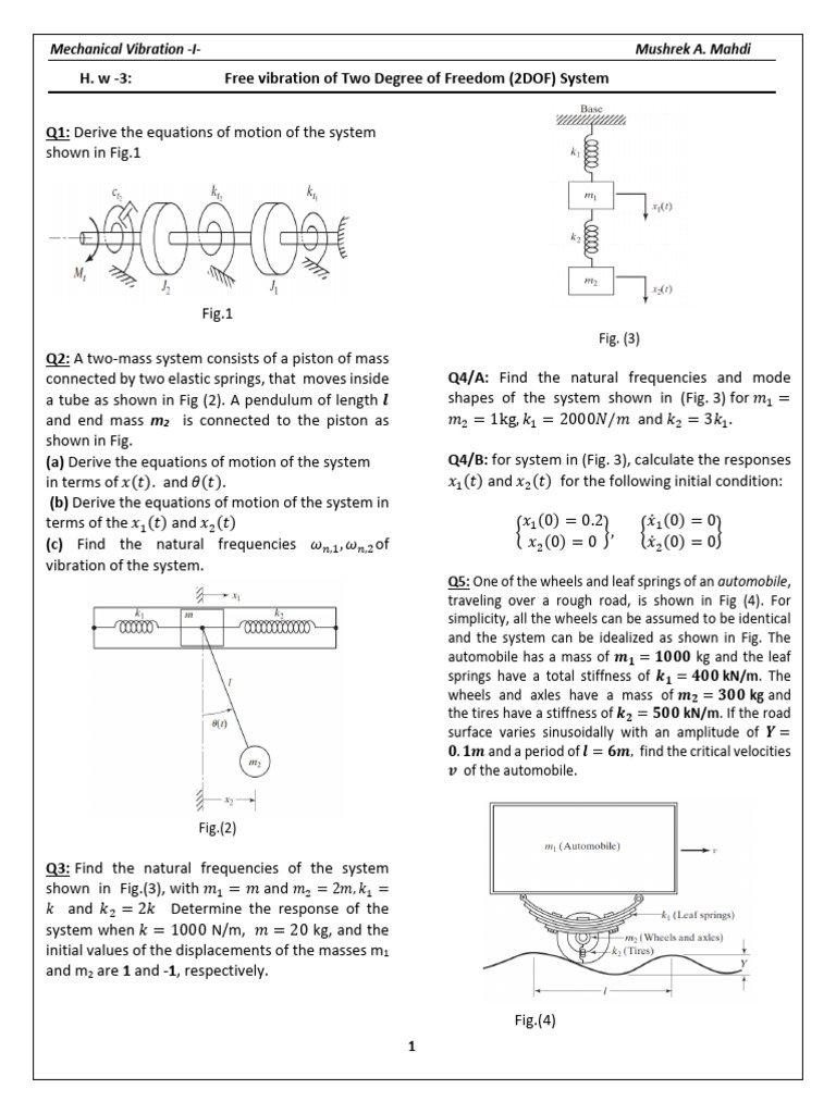 H w 3 Free Vibration of Two Degree of Freedom 2DOF System | PDF ...