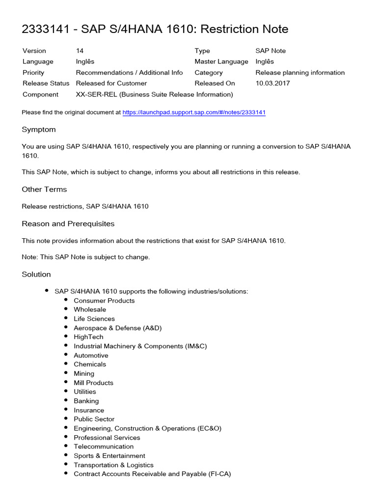 SAP S/4HANA 1610 Restrictions Note | PDF