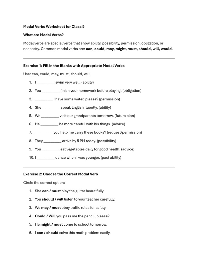 Modal Verbs Worksheet for Grade 5 | PDF | Verb | Linguistic Morphology