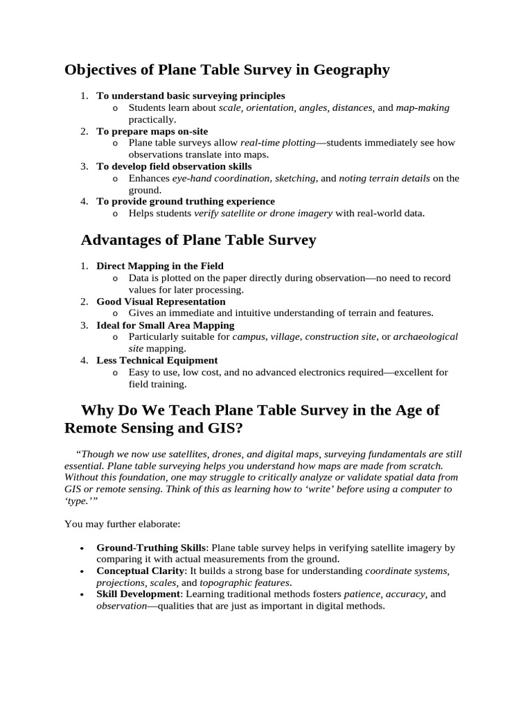 Objective and Need of Plane Table Surveying | PDF
