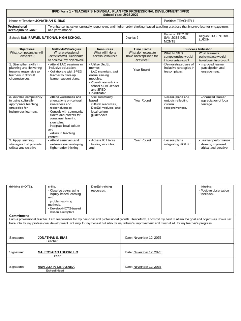 BIAS Ippd Form 1 Teacher s Individual Plan for Professional Development ...