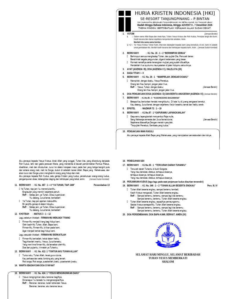 Ibadah Minggu Advent II HKI Tanjungpinang | PDF