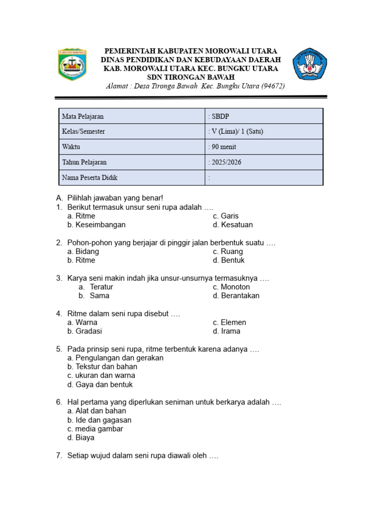 Soal SBDP Kelas 5 Sem 1 | PDF