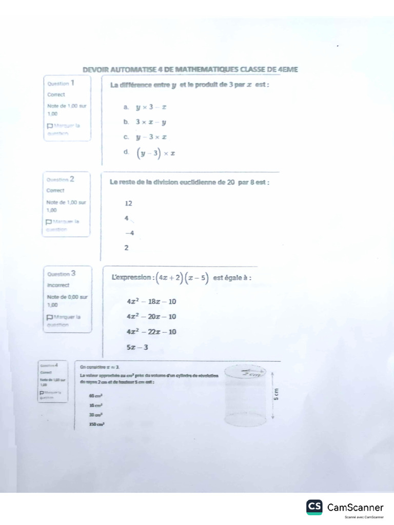 Devoir 4 de Maths Classe de 4eme | PDF