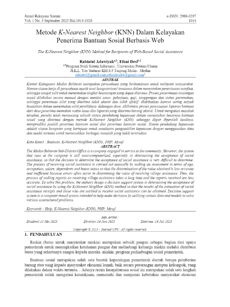 Metode K-Nearest Neighbor (KNN) Dalam Kelayakan Penerima Bantuan Sosial ...