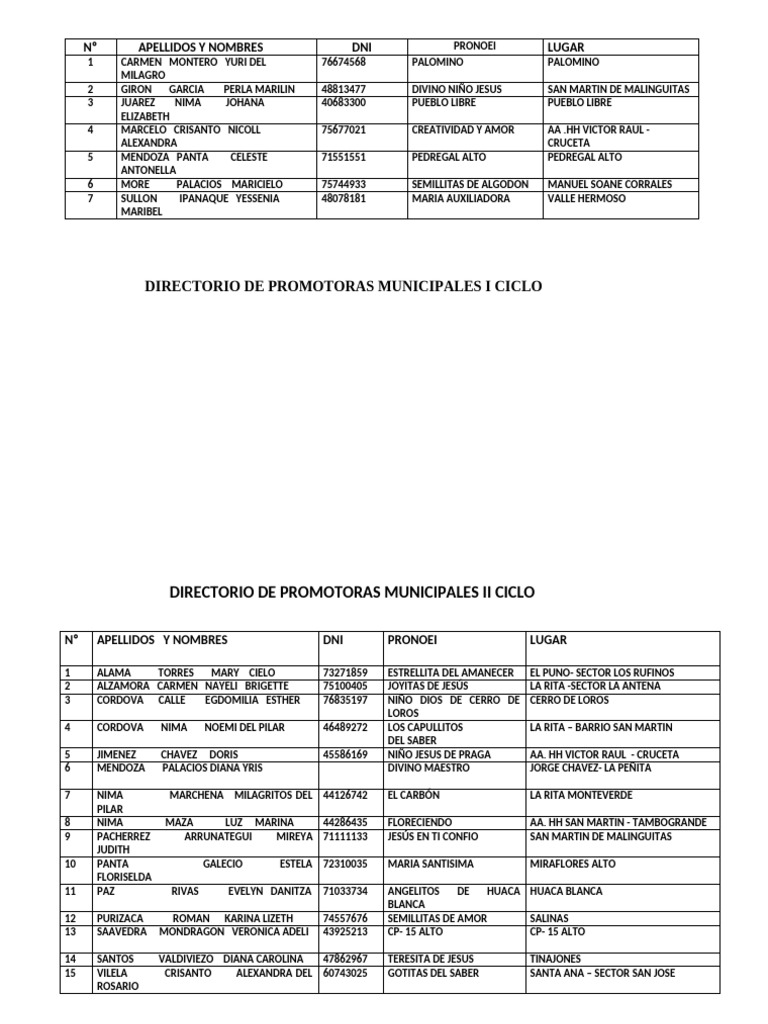 2025 Nuevo Directorio Promotoras Municipales I y II Ciclo | PDF ...