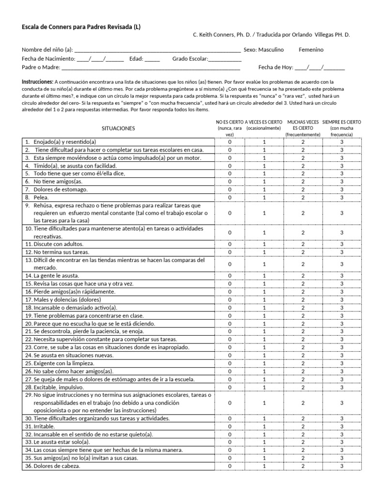 Escala de CONNERS para Padres | PDF