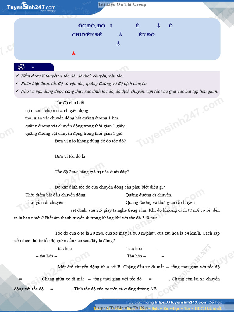 TS247 DT BTVN Toc Do Do Dich Chuyen Va Van Toc 101478 1654932375 | PDF