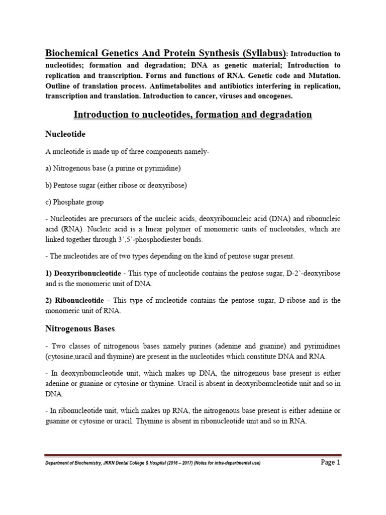Biochemical Genetics: Nucleotides & Synthesis | PDF | Translation ...