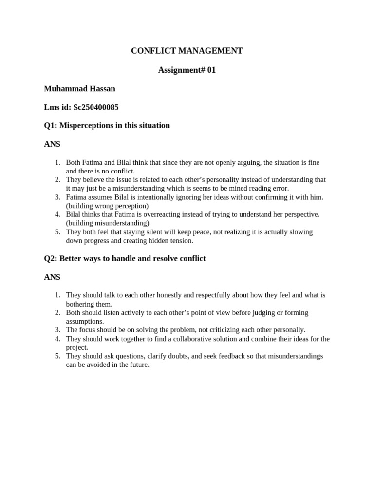 Conflict Management Assignment# 01 | PDF