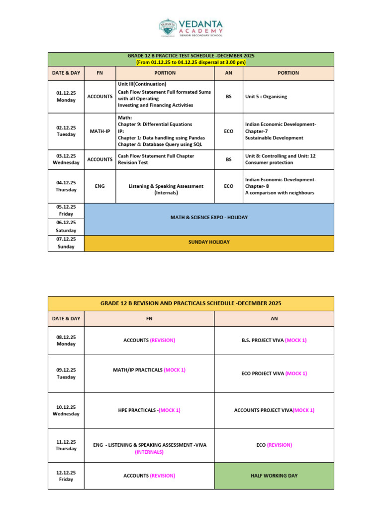 Grade 12 B December 2025 Exam Schedule | PDF | Data Management | Databases
