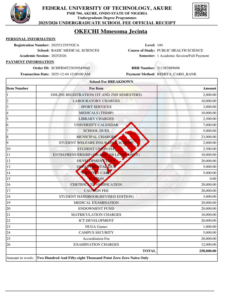 Okechi Mmesoma Jecinta - School Fee - Receipt | PDF