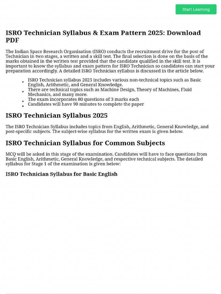 ISRO Technician Syllabus & Exam Pattern 2025 - Download PDF | PDF