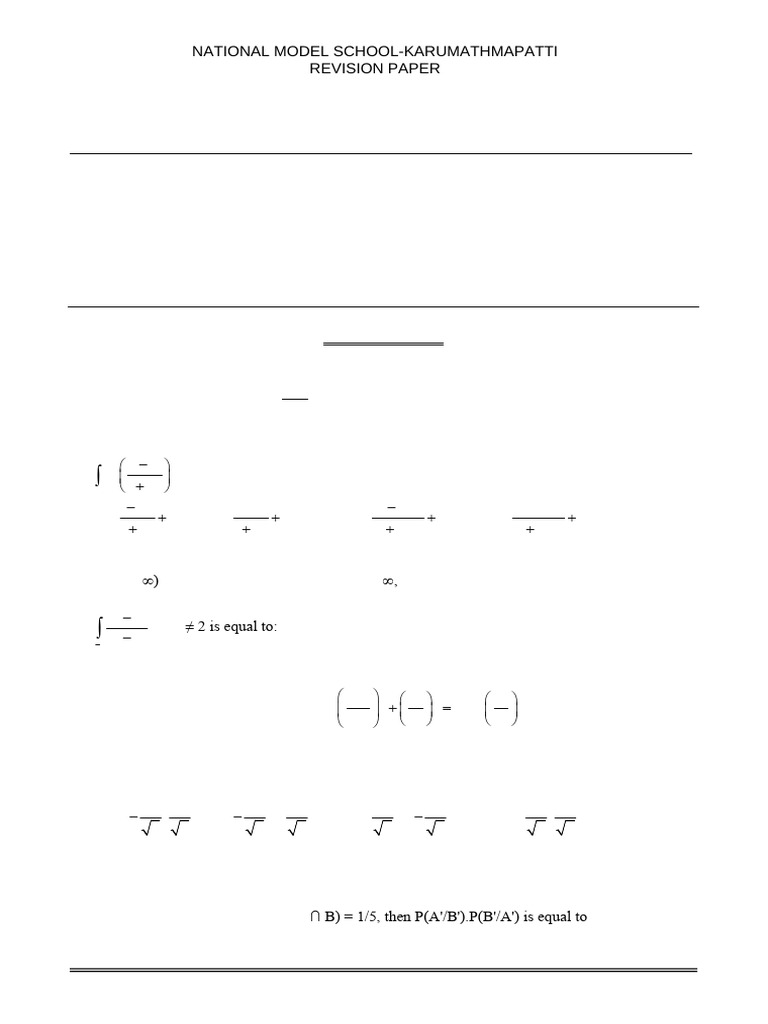Class XII Mathematics Revision Paper | PDF | Function (Mathematics ...