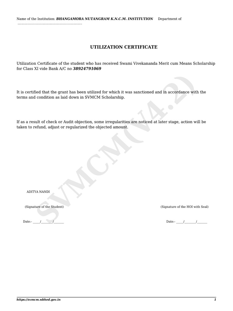 SVMCM Scholarship Utilization Certificate | PDF