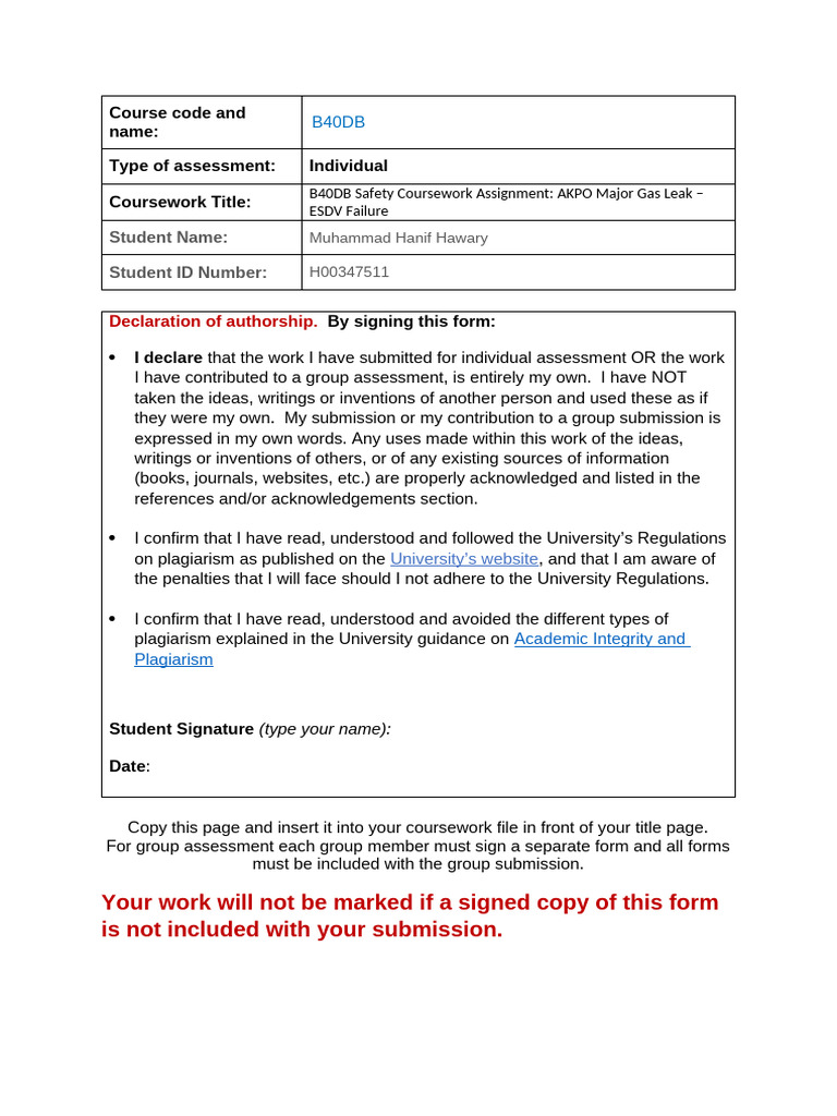 Standard Declaration of Student Ownership | PDF