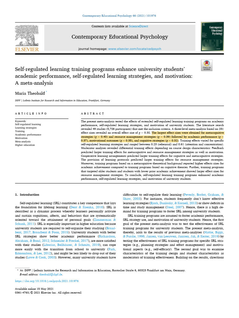 Impact of Self-Regulated Learning Training | PDF | Metacognition | Meta ...
