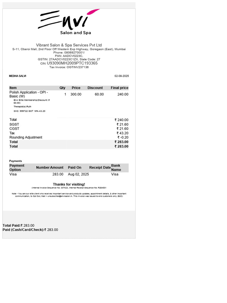 Vibrant Salon & Spa Services PVT LTD | PDF | Receipt | Invoice