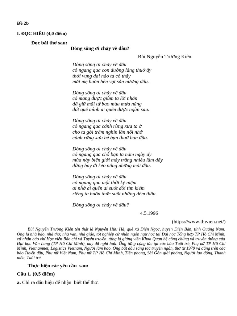 Đề 2b. Dòng Sông Ơi Chảy Về Đâu K10 | PDF