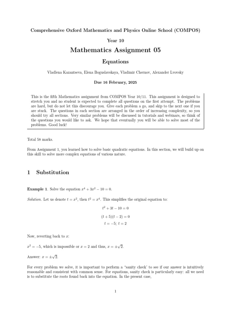 Year 10 Math Assignment: Equations | PDF | Equations | Quadratic Equation