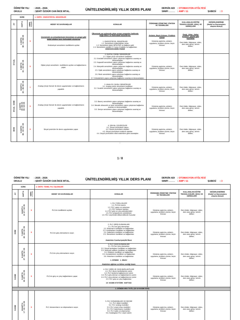 Otm 25-26 Yeni̇ Plan | PDF