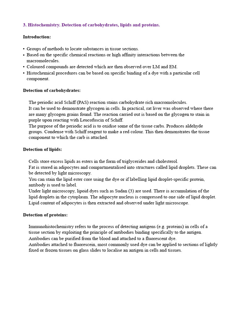 3. Histochemistry. Detection of carbohydrates, lipids and proteins.┬á | PDF