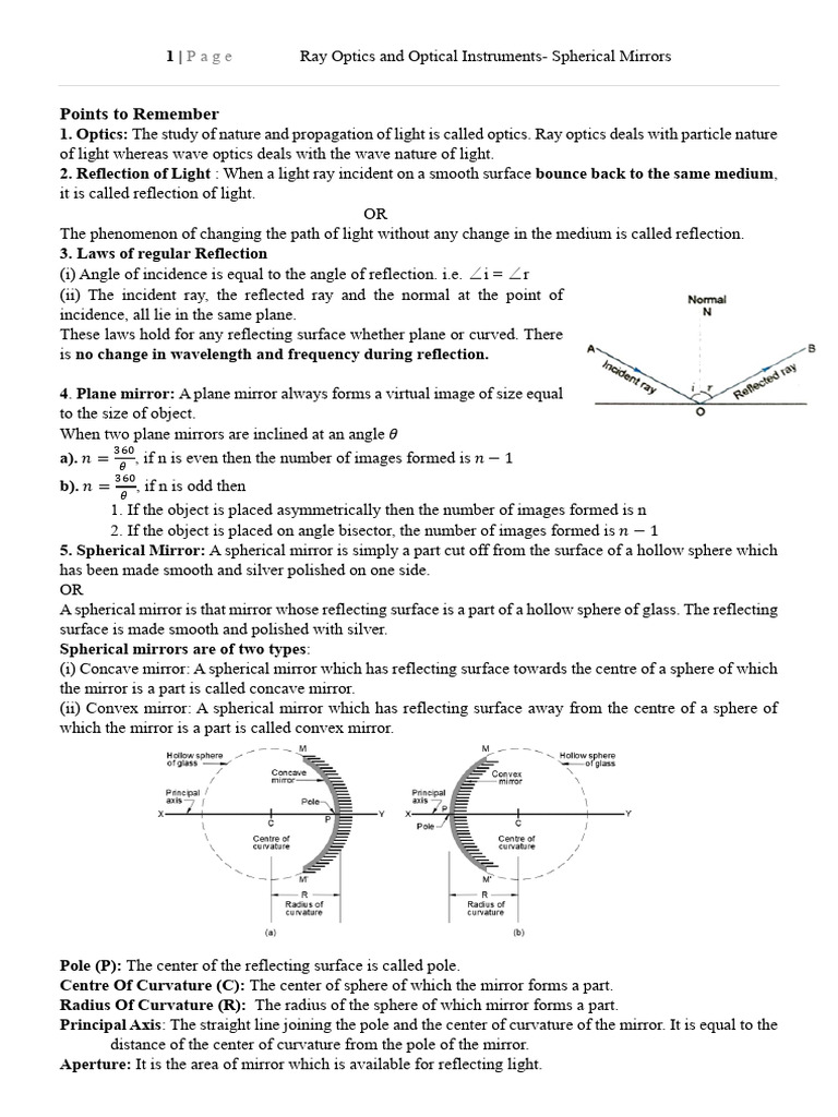 Ray Optics Revision Spherical Mirrors | PDF | Mirror | Sphere