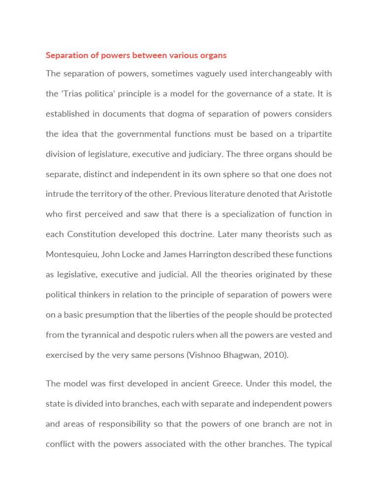Separation of Powers Between Various Organs | PDF | Separation Of ...