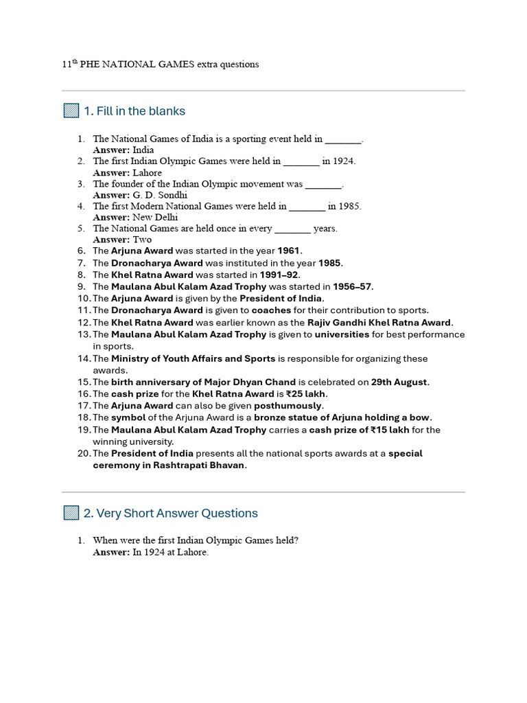 11th PHE National Games Quiz Questions | PDF | Awards | Sports