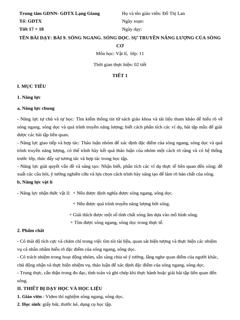 VL 11 - Tuần 10 - Tiết 17,18. Bài 9.Sóng Ngang. Sóng Dọc. Sự Truyền ...