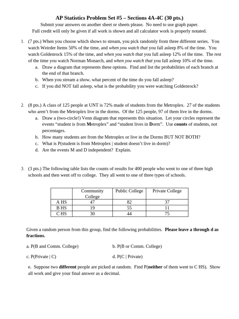 AP Statistics Problem Set #5 - Sections 4A-4C | PDF | Mathematics | Applied Mathematics