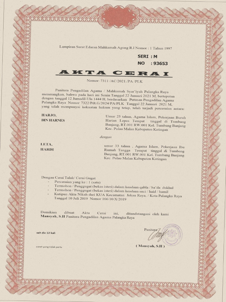 Akta Cerai Harjo-Scan | PDF