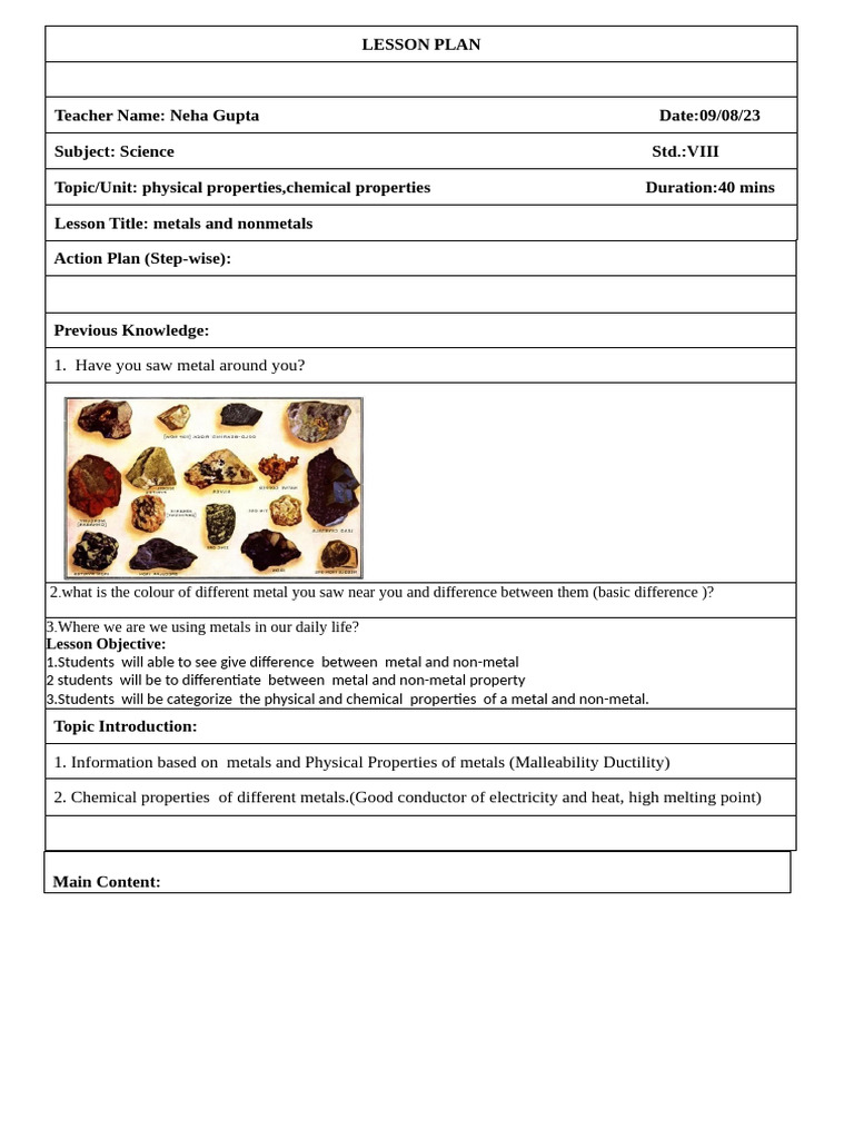 Metals and Nonmetals Lesson Plan | PDF