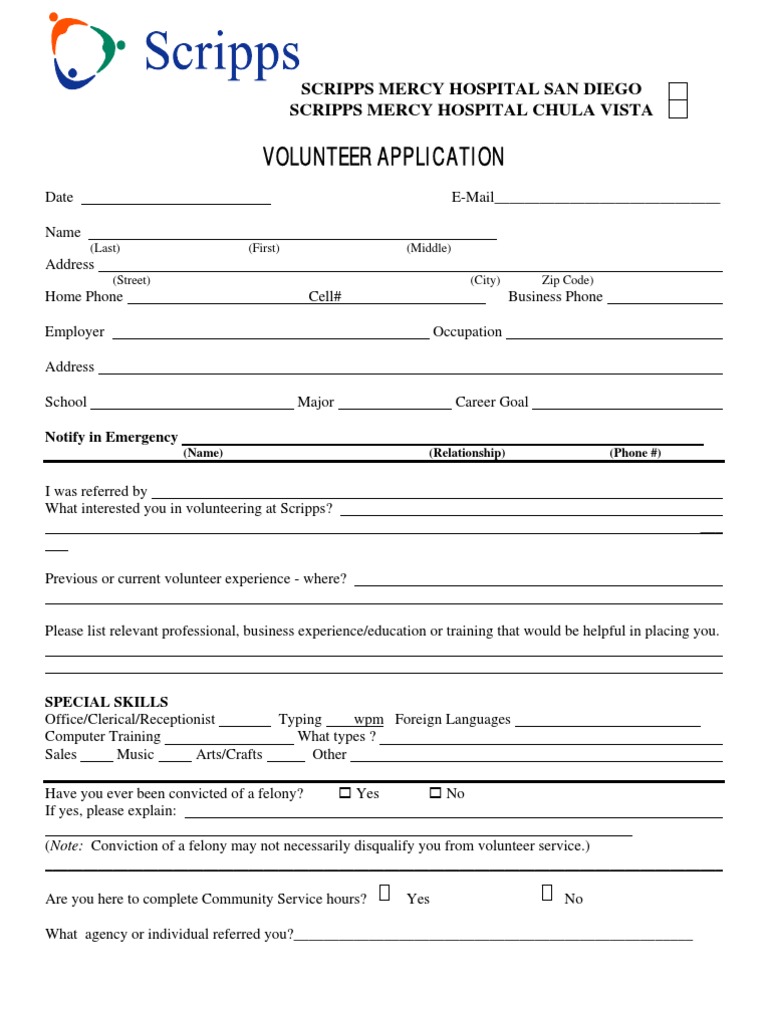 Scripps Mercy Hospital Volunteer Form | PDF | Volunteering | Government