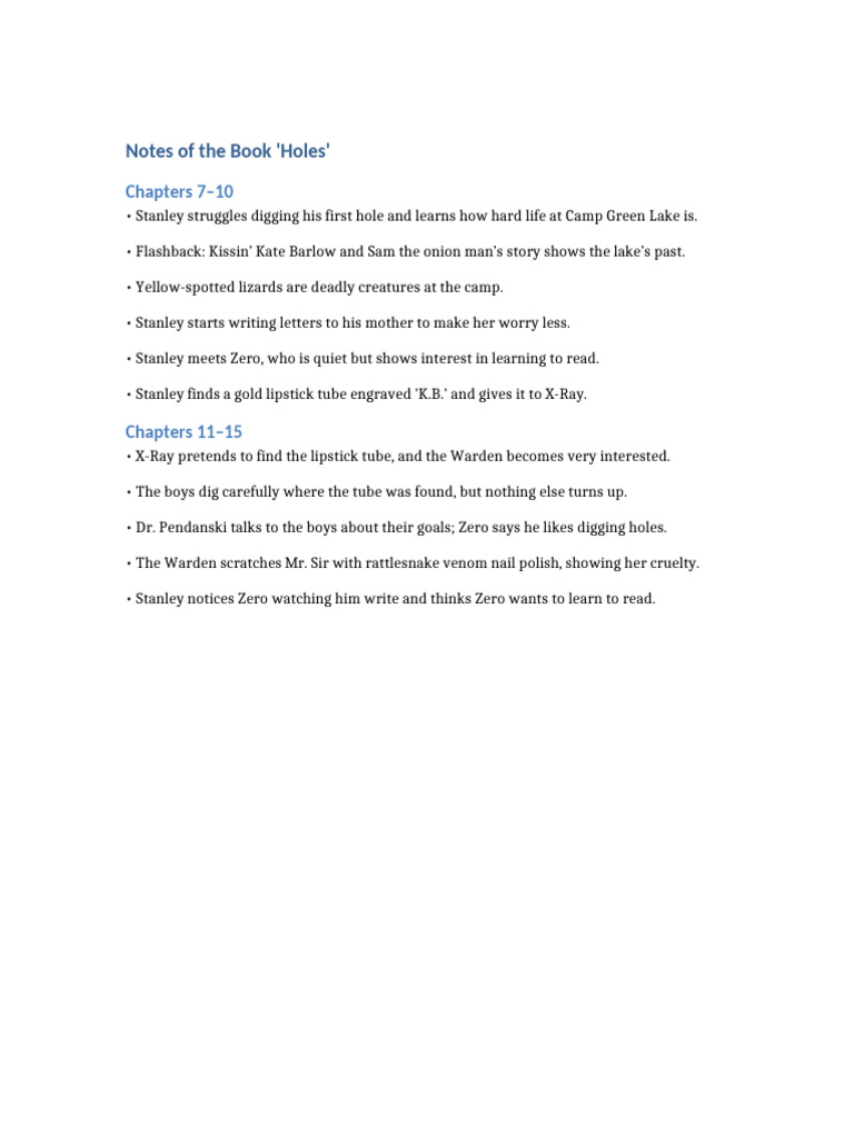 Summary of 'Holes' Chapters 7-15 | PDF